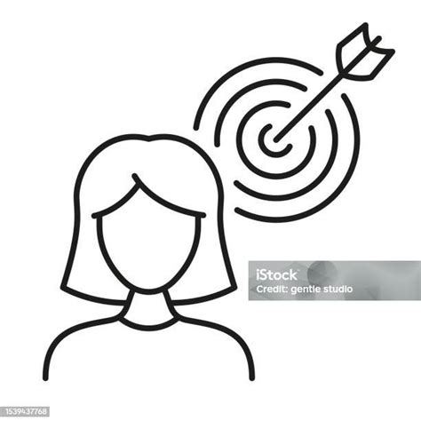 집중되고 객체 지향적인 여성 라인 아이콘입니다 인간 전략 목표 목표 선형 픽토그램을 가진 여성 정확도 목표 다트판 및 화살표 윤곽선 기호 편집 가능한 획 격리된 벡터 그림