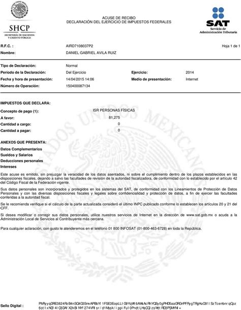 ACUSE DE RECIBO DECLARACIÓN DEL EJERCICIO DE IMPUESTOS FEDERALES R F C AIRD P Hoja de