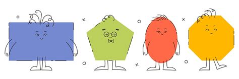 기하학적 모양의 형태로 재미있는 캐릭터 귀여운 얼굴과 감정을 가진 순진한 유치한 스타일의 만화 캐릭터 직사각형 오각형 팔각형