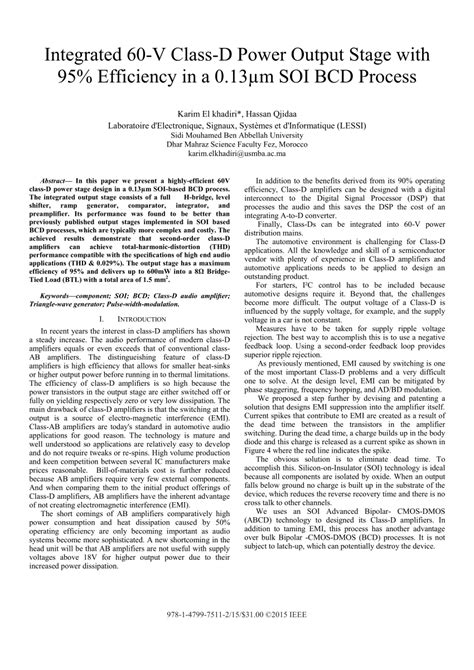 PDF Integrated 60 V class D power output stage with 95 efficiency in a 0 13μm SOI BCD process