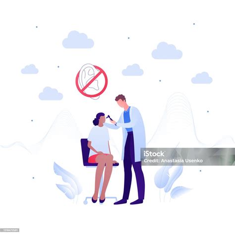 이비인후과 상담 및 청각 장애인 원조 개념 벡터 플랫 의료 인 일러스트 빨간 정지 기호에 귀 이경서와 여성 환자를 가진 남성