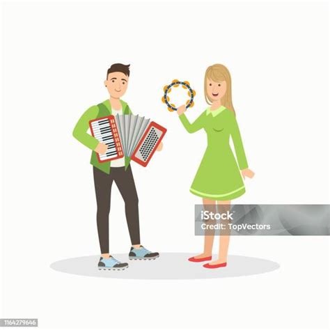 아코디언과 탬버린을 연주하는 남자와 여자 콘서트 또는 음악 축제 벡터 일러스트레이션에서 공연하는 사람들 공연자에 대한 스톡 벡터