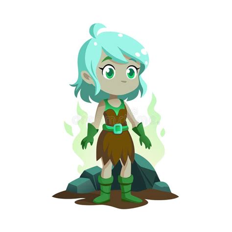 Cute Cartoon Earth Elemental Girl Standing Near Rocks With Green Aura