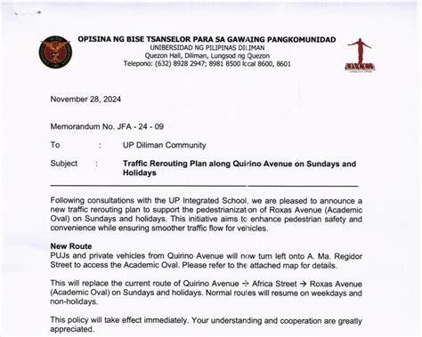 Memorandum No Jfa Traffic Rerouting Plan Along Quirino Avenue