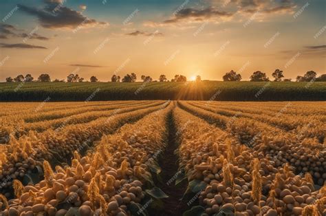 Premium Ai Image Soybean Field Blue Sky Beautiful Photograph