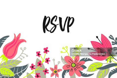 현대 스타일 Rsvp 결혼식 초대 카드 꽃 프레임 배경 손으로 그린된 꽃 요소 레이블 벡터 디자인 템플릿 절연입니다 유행 패션