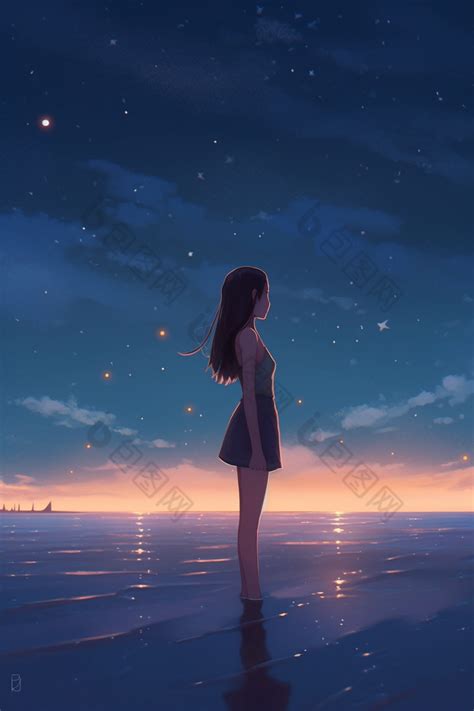 女孩夜晚海边星空海滩插画图片 包图网
