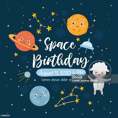 공간 생일 인사말 카드 템플릿입니다 손 글자 텍스트와 우주의 다른 요소와 아이 그림 우주 비행사 양 귀여운 캐릭터 행성 태양 달