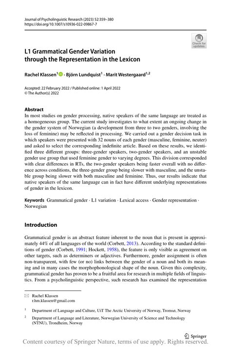 Pdf L1 Grammatical Gender Variation Through The Representation In The