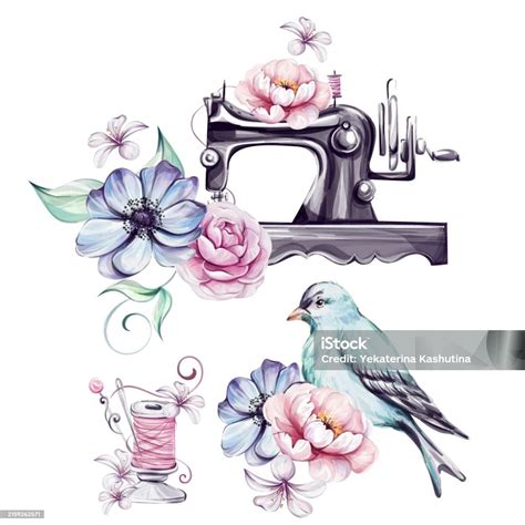 수채화 클립 아트 빈티지 재봉틀 파랑 새 실의 스풀과 재봉을 위한 로맨틱한 꽃 장미와 말미잘 옷 디자인 복고풍 스타일의 수공예품 빈티지 구식 재봉 용 로고 엽서 직물 인쇄