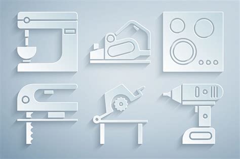 목공 가스 렌지 전기 퍼즐 무선 드라이버 대패 도구 및 믹서 아이콘을 위한 테이블 톱을 설정합니다 벡터 3차원 형태에 대한 스톡 벡터 아트 및 기타 이미지 Istock