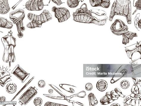 빈티지 손으로 그린 바느질 및 뜨개질 템플릿입니다 수제 바느질 빈티지 낙서 스타일의 뜨개질 장비 개념 빈 공간이 있는 템플릿입니다 바늘 구멍에 대한 스톡 벡터 아트 및 기타