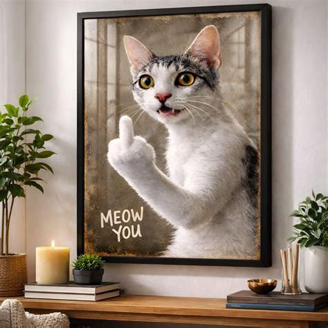 Funny Cat Wall Art Vintage Poster Print Middle Finger Cat Etsy