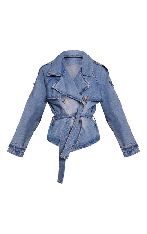 Mid Blue Wash Belted Cropped Button Denim Trench Denim Plt