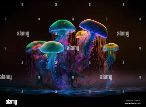 Group Of Clear Glowing Neon Color Light Jelly Fish In Deep Dark Water Neural Network AI