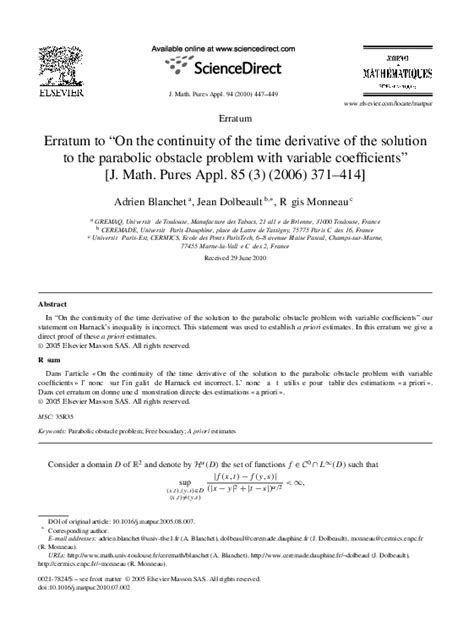 Pdf Erratum To On The Continuity Of The Time Derivative Of The Solution To The Parabolic