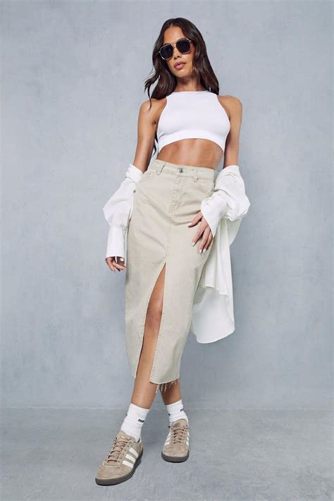 Denim Split Front Midi Skirt Boohoo Uk