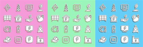 세트 라인 공장 재활용 쓰레기 재활용 쓰레기 전기 절약 플러그 잎 잎 에코 기호 친절한 집 태양 에너지 패널 빙산 및 손 아이콘 벡터 검은색에 대한 스톡 벡터 아트 및 기타