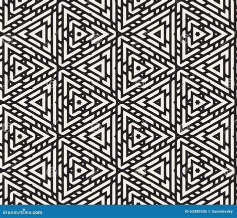 Vector Seamless Black And White Rounded Triangular Ornamented Lines Pattern Stock Illustration