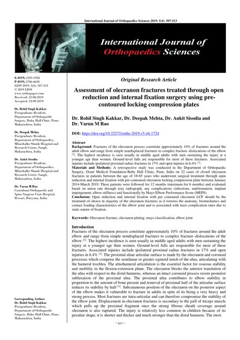 Pdf Assessment Of Olecranon Fractures Treated Through Open Reduction