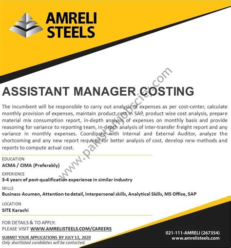 Amreli Steels Limited Jobs Assistant Manager Costing