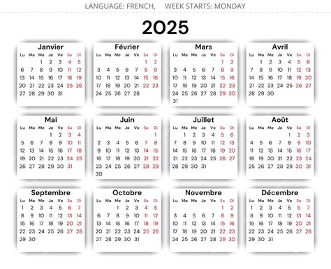 2025 프랑스 달력 프랑스의 터 일러스트레이션 12 개월 그림자 년 달력 프리미엄 벡터