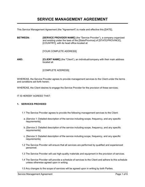 Service Management Agreement Template Free Word And Pdf