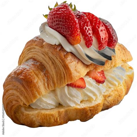 Croissant With Whipped Cream And Fresh Strawberries On Plate For