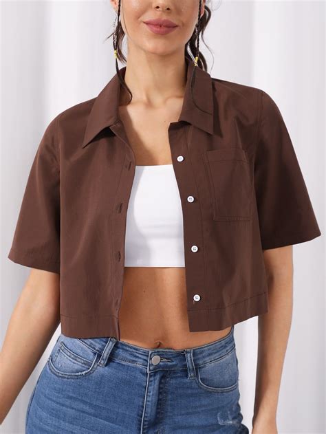 Button Front Crop Blouse Cropped Shirt Outfit Crop Shirt Outfit
