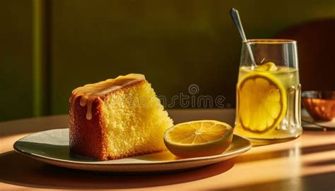 A Slice Of Lemon Cake With A Refreshing Beverage Stock Illustration