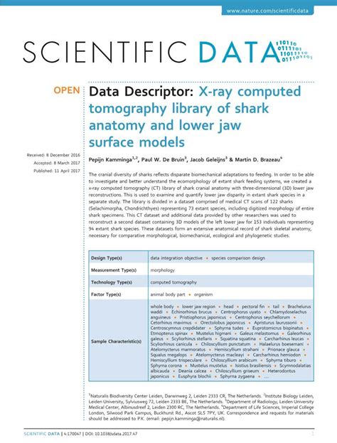 Data Descriptor X Ray Computed Tomography Library Of Shark Anatomy And Lower Jaw Surface Models