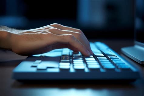 Close Up Of Male Hands Typing On Computer Keyboard In Dark Room Ai