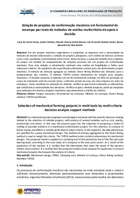 Pdf Seleção De Projetos De Conformação Mecânica Em Ferramental De