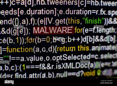 Macro Photo Of Computer Screen With Program Source Code And Highlighted Malware Inscription In