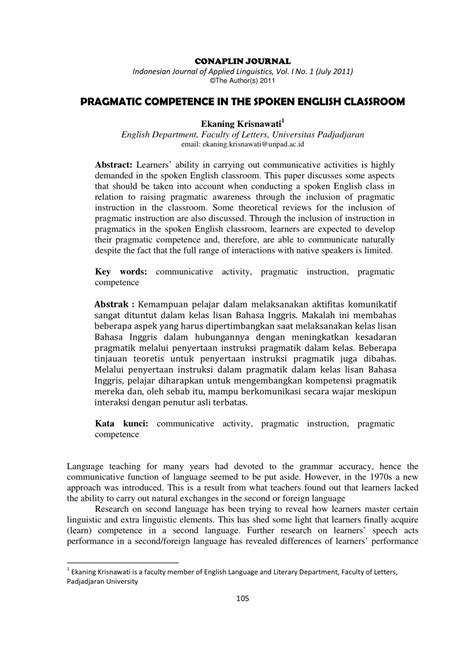 Pdf Pragmatic Competence In The Spoken English Classroom