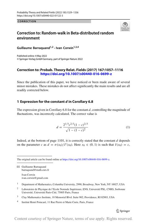 Correction To Random Walk In Beta Distributed Random Environment