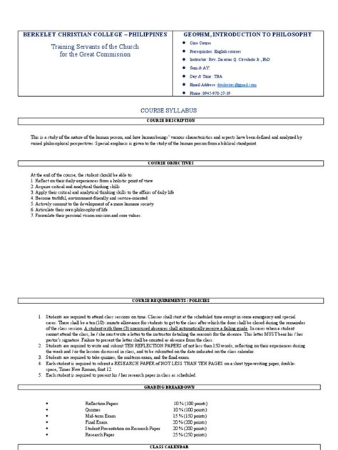 Ched Course Syllabus Intro To Philo Pdf Teaching Method Cognitive