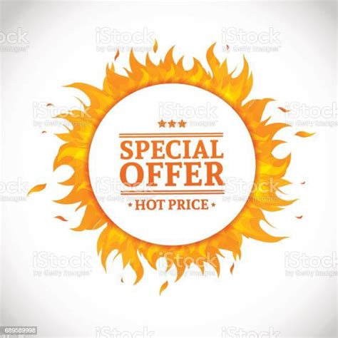 템플릿 디자인 원형 배너 특별 판매입니다 뜨거운 제공 프레임 화재 그래픽 카드입니다 흰색 바탕에 화 염 테두리로 포스터 레이아웃을 광고 벡터 불길에 대한 스톡 벡터 아트 및