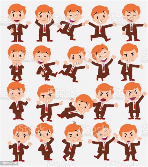 นักธุรกิจตัวการ์ตูน ตั้งค่าด้วยท่าทางทัศนคติและท่าทางที่แตกต่างกันทํากิจกรรมต่าง ๆ ในภา