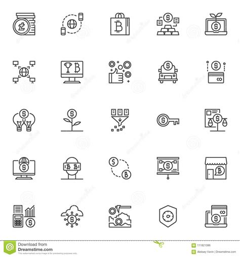 Cryptocurrency Mining Outline Icons Set Stock Vector Illustration Of Elements Money 111821086