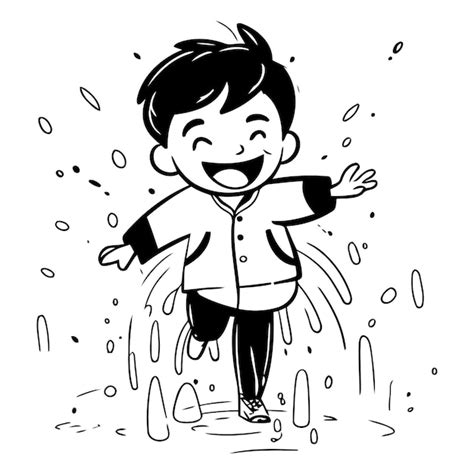 Premium Vector Happy Boy Jumping In A Puddle In Cartoon Style