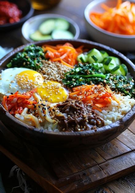 Premium Photo Korean Food Bibimbap With Rice Vegetables Beef And Egg