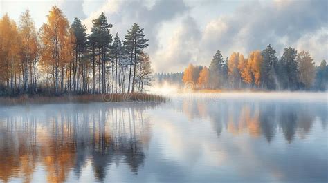 Gentle Morning Mist Over A Tranquil Lake With Reflections Of Trees