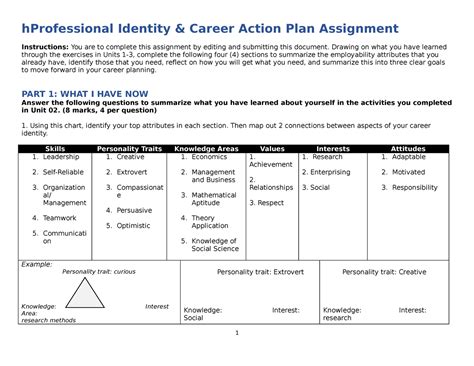 Career Action Plan Assignment Template Hprofessional Identity