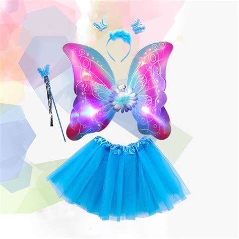 Girls Led Butterfly Fairy Costume Set Princess Tutu Skirt Wand Headband
