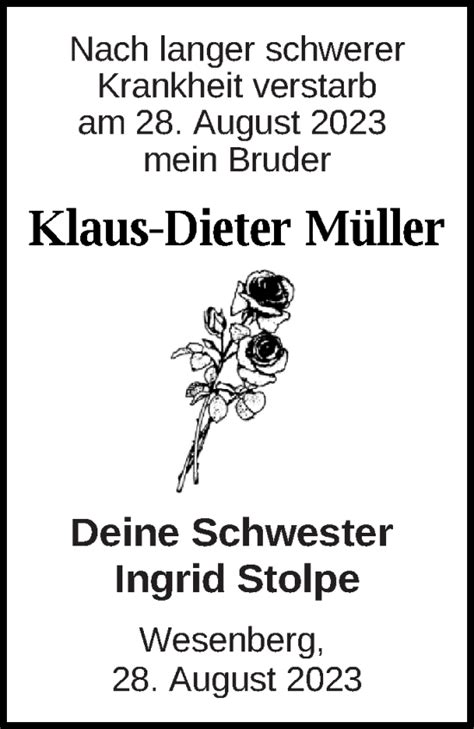 Traueranzeigen Von Klaus Dieter Müller Trauer Nordkurier