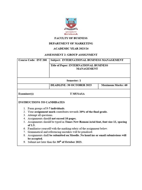 Int 200 Group Assignment Pdf Exports Rubric Academic