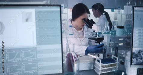 Female Team Working In Modern Laboratory Studying Genetic Material With Microscope Using