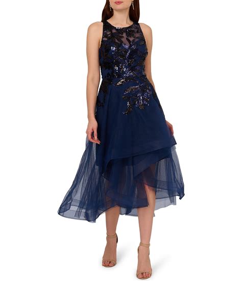 Adrianna Papell Sequin Tulle Illusion Boat Neck Sleeveless High Low Tea