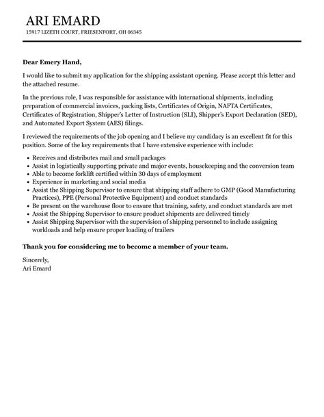 Shipping Assistant Cover Letter Velvet Jobs